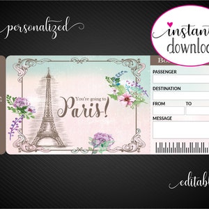Printable PARIS Surprise Trip Gift Ticket. Boarding Pass. Printable ...