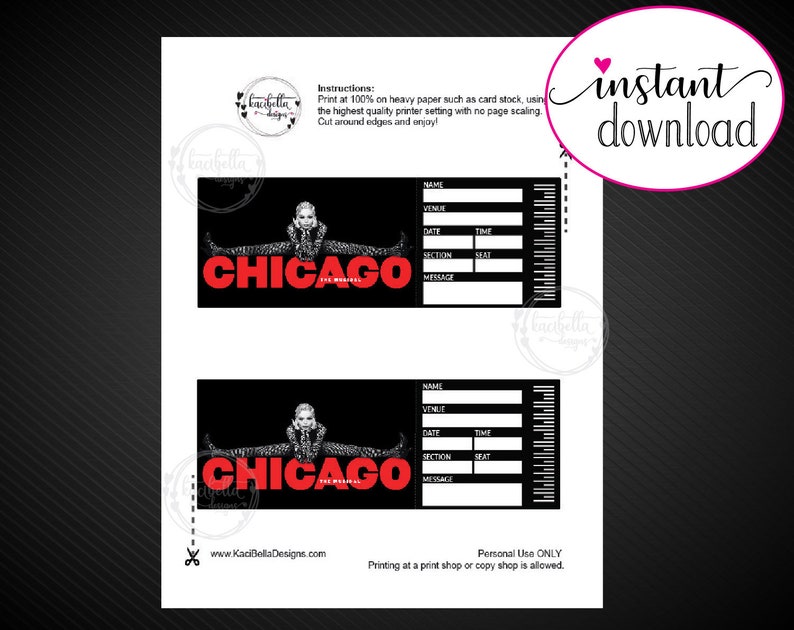 Printable CHICAGO Broadway Surprise Ticket. Editable Musical Theatre ...