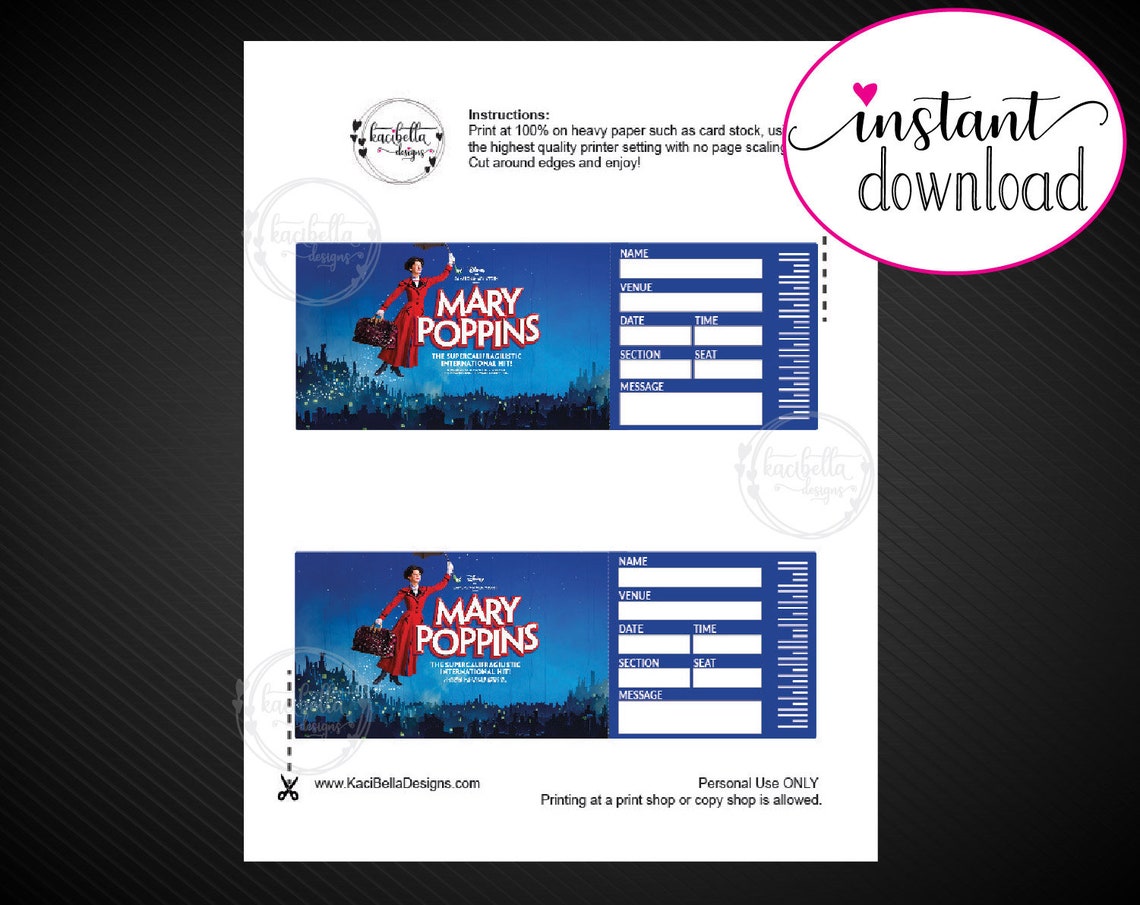 MARY POPPINS Broadway Surprise Ticket. Editable Musical - Etsy