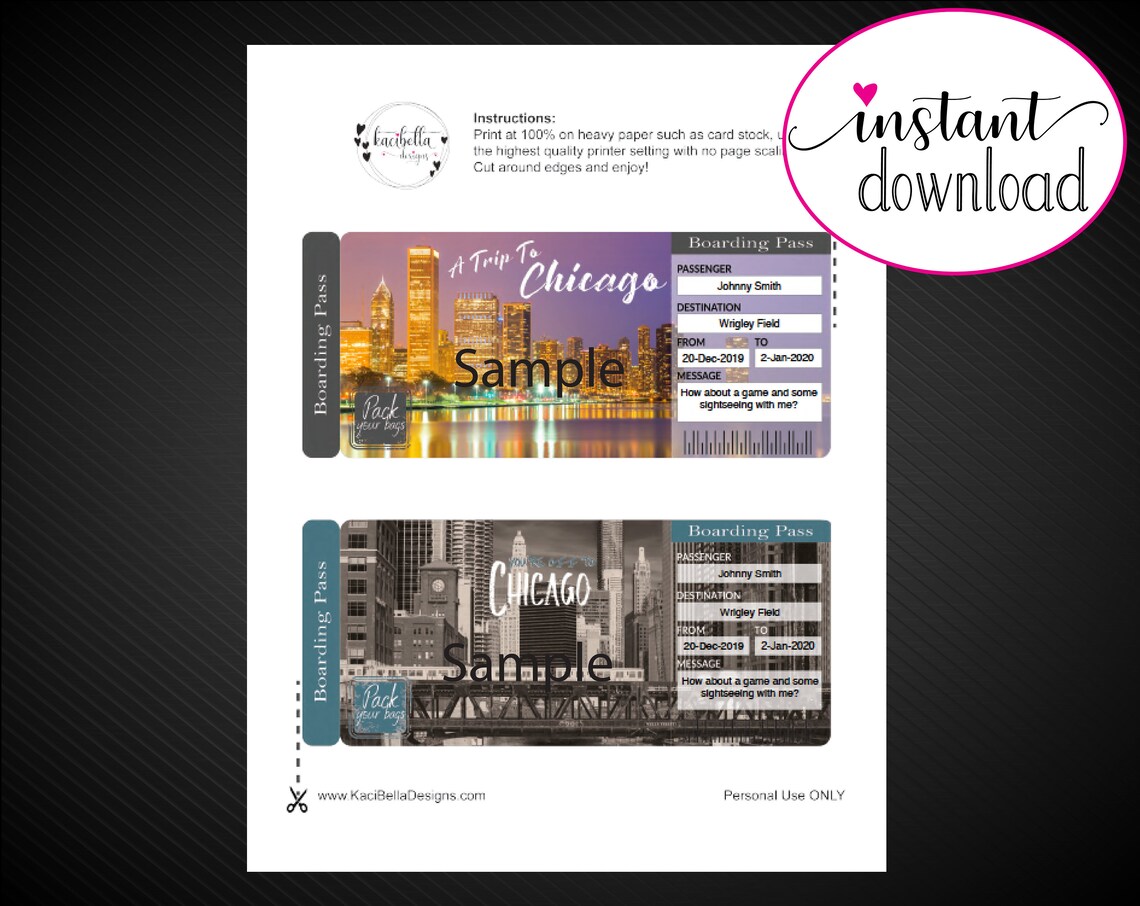 Printable CHICAGO Surprise Trip Gift Ticket. Boarding Pass. Trip Ticket ...