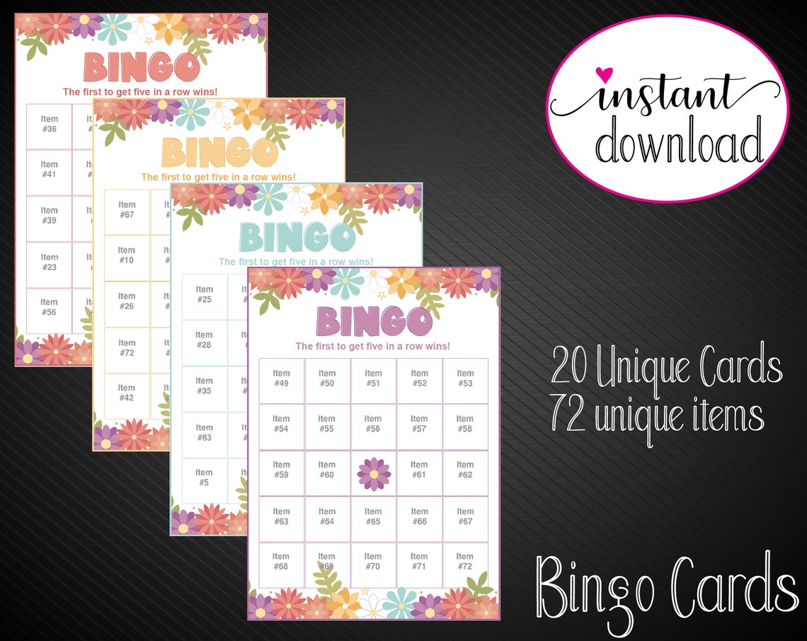 Editable FLOWERS Themed Bingo Game. 4 Colors. Add Your 72 Unique Items ...