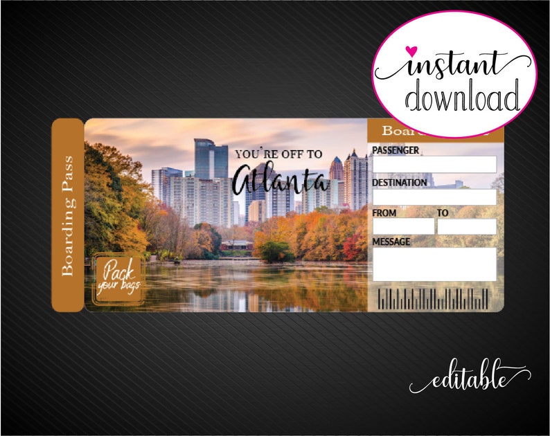 Printable ATLANTA Surprise Trip Gift Ticket. Boarding Pass. Ticket ...