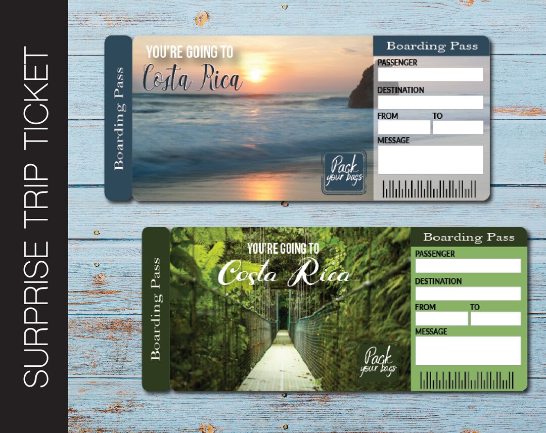 Printable COSTA RICA Surprise Trip Gift Ticket. Boarding Pass. Trip ...