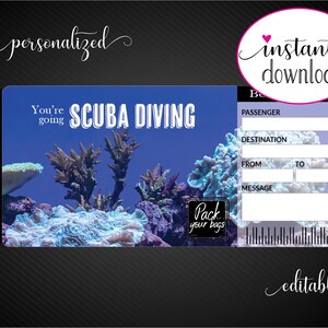 Printable SCUBA DIVING Surprise Trip Gift Ticket. Trip Ticket. Vacation ...