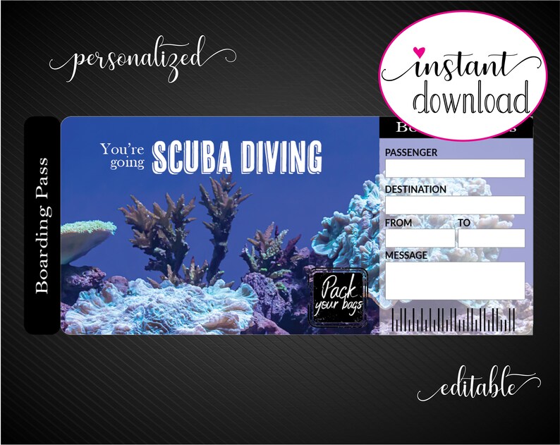 Printable SCUBA DIVING Surprise Trip Gift Ticket. Trip Ticket. - Etsy