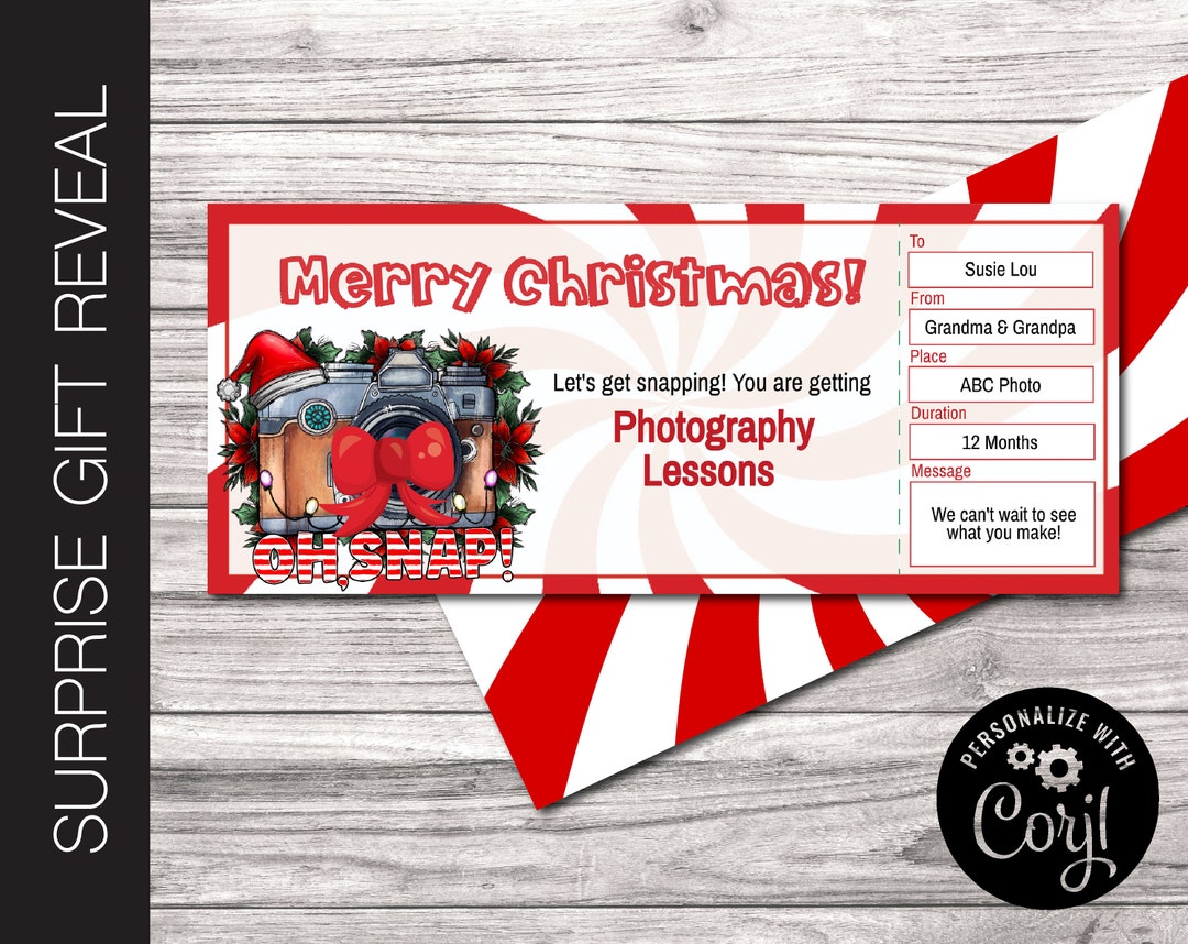 Editable PHOTOGRAPHY LESSON Surprise Gift Reveal Coupon. Holiday ...