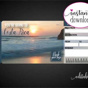 Printable COSTA RICA Surprise Trip Gift Ticket. Boarding Pass. Trip ...