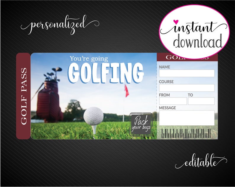 Printable GOLFING Surprise Trip Gift Ticket. Boarding Pass. Printable ...