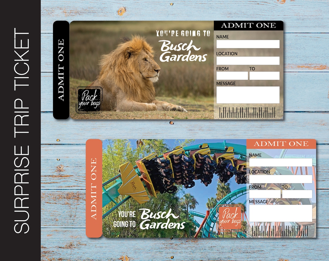 Printable BUSCH GARDENS Surprise Trip Tickets. Vacation Ticket. Mock Boarding Pass / Admission ...