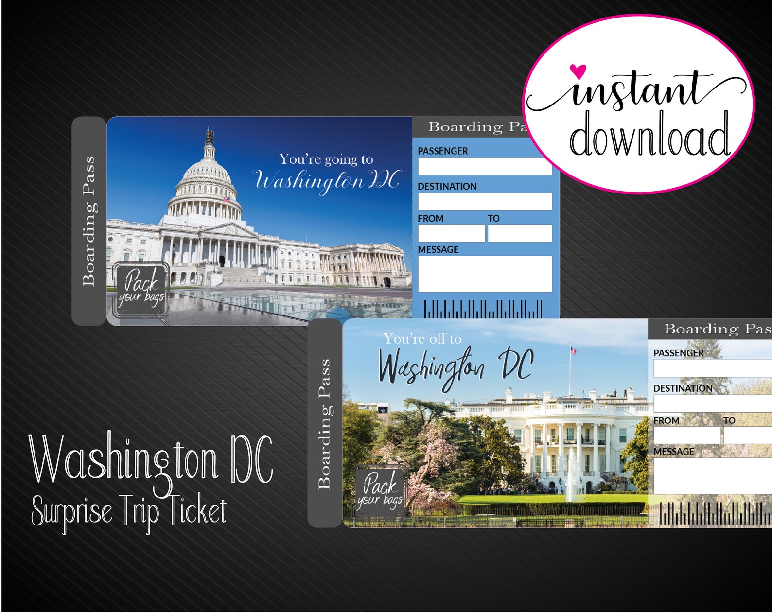 Printable WASHINGTON DC Surprise Trip Gift Ticket. Boarding Pass ...