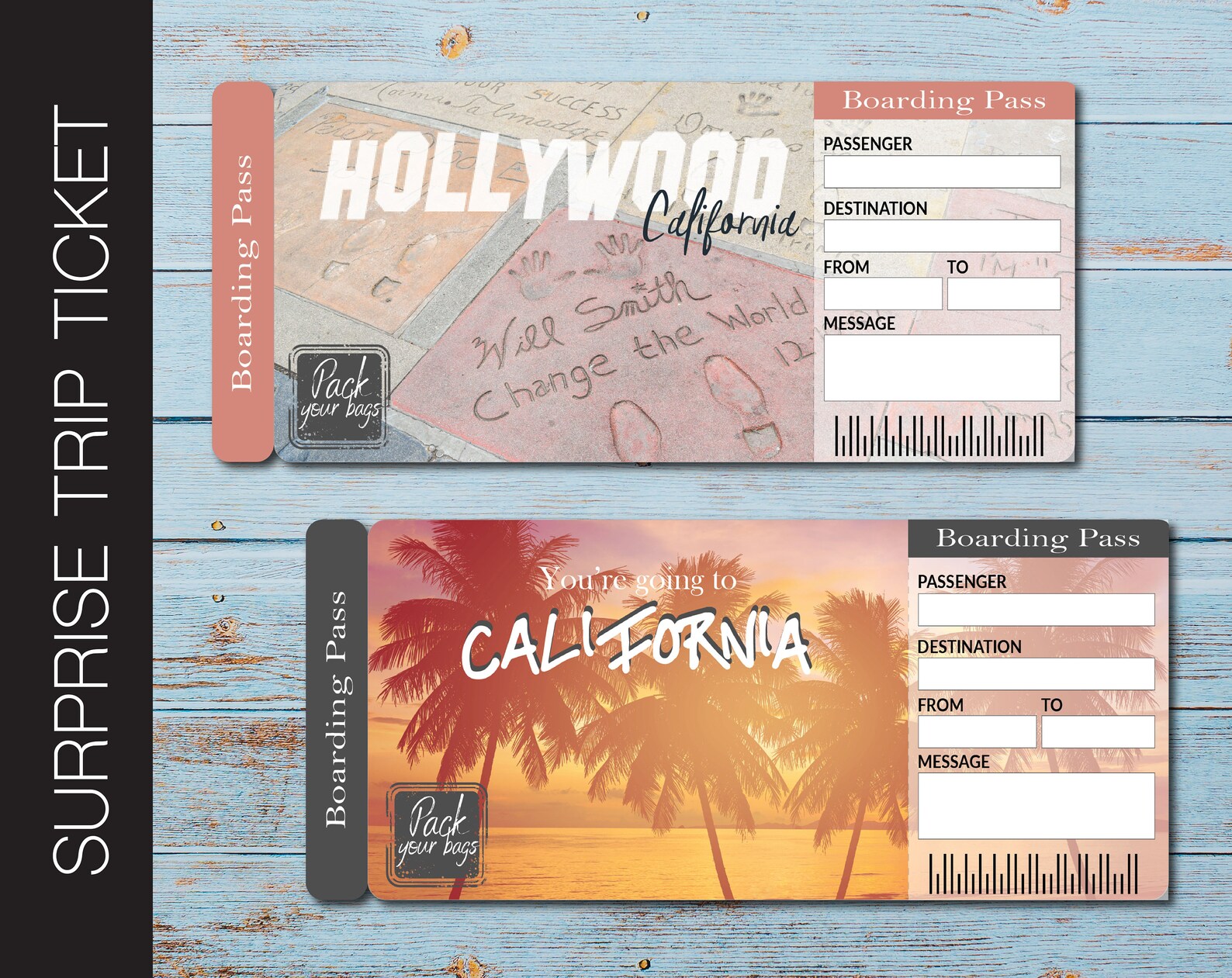 Printable CALIFORNIA Surprise Trip Gift Ticket. Boarding Pass. | Etsy