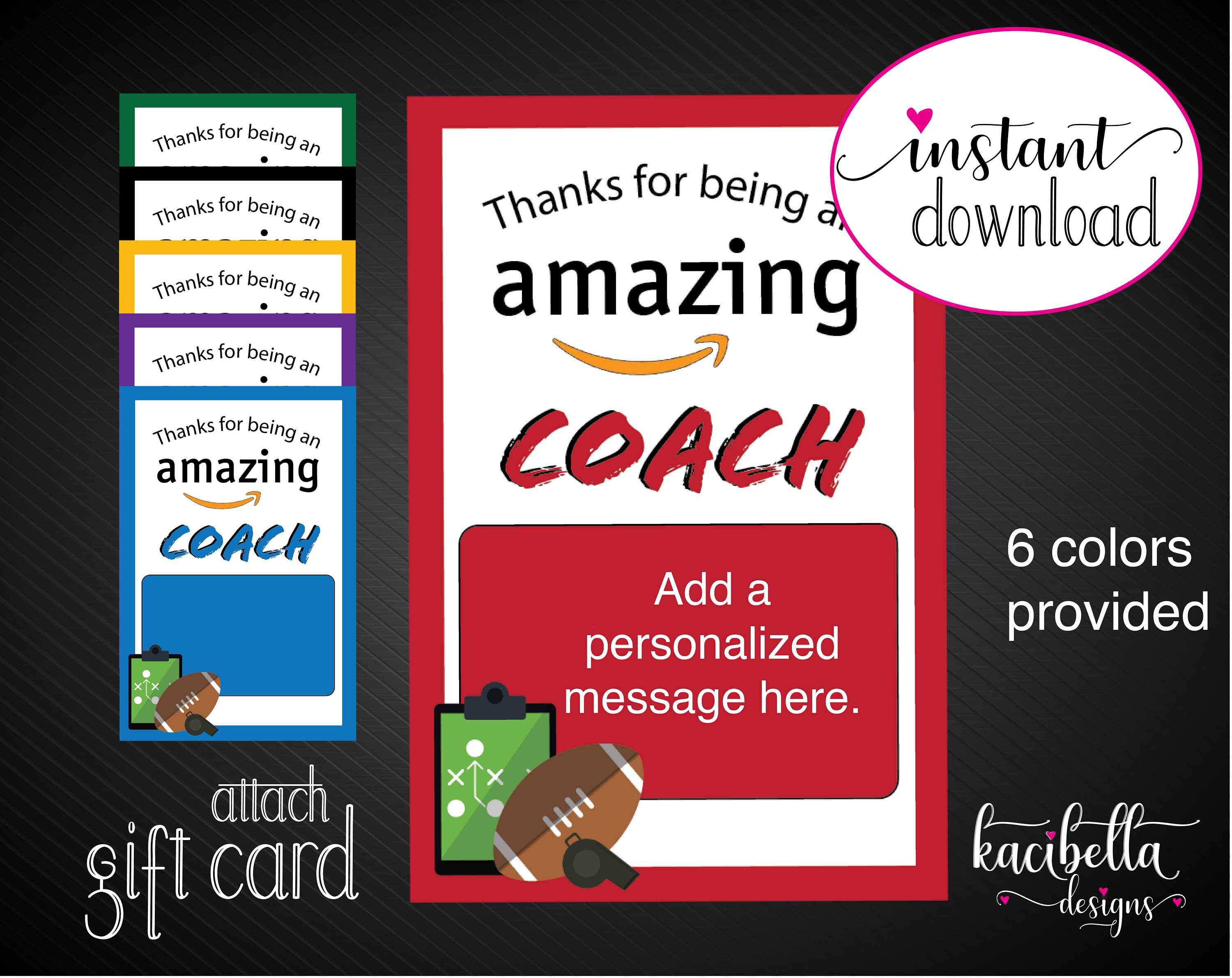Printable FOOTBALL COACH Amazon Appreciation Gift Card Holder. 6 Colors ...