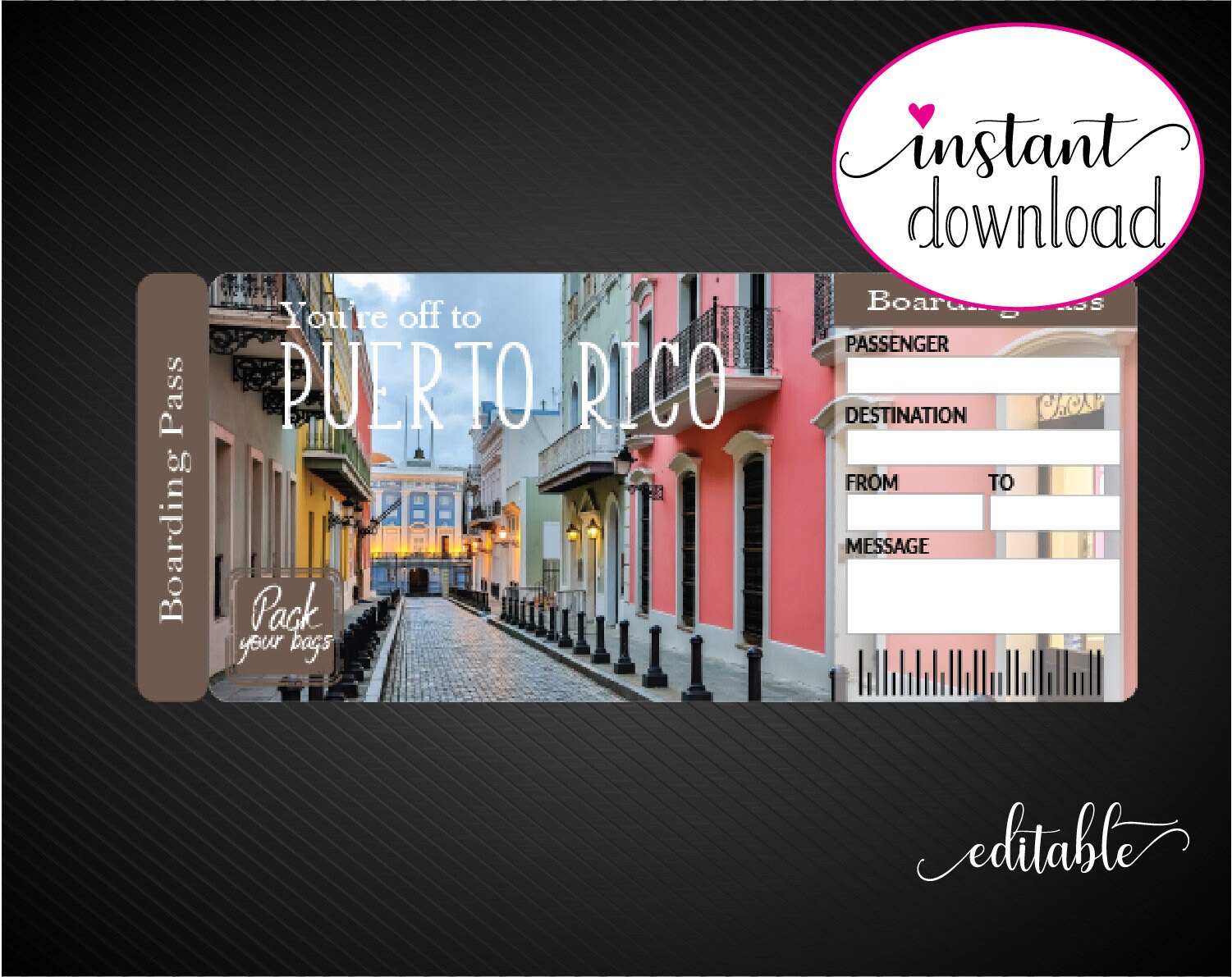 Printable PUERTO RICO Surprise Trip Gift Ticket. Boarding Pass ...