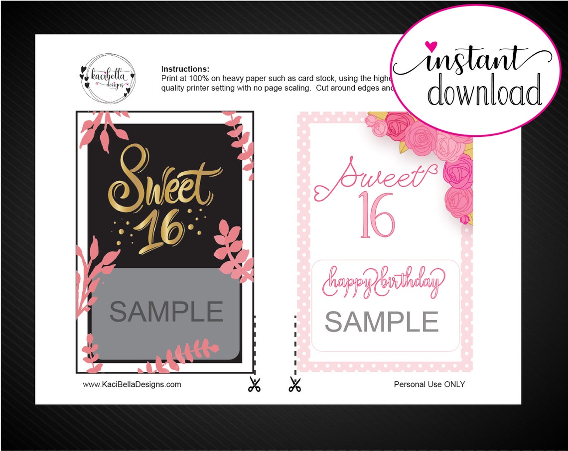 Printable SWEET 16 Birthday Gift Card Holder. Personalized. - Etsy