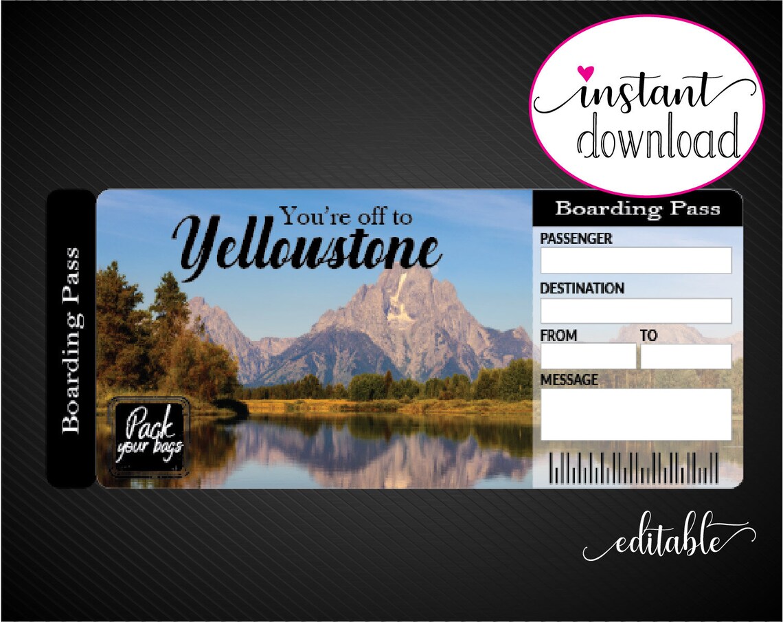 Printable YELLOWSTONE Surprise Trip Gift Ticket. Boarding Pass ...