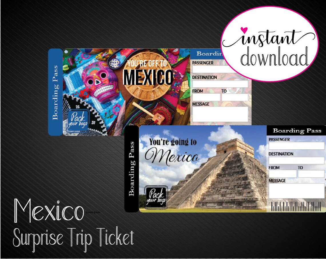 Printable MEXICO Surprise Trip Gift Ticket. Boarding Pass. Printable ...