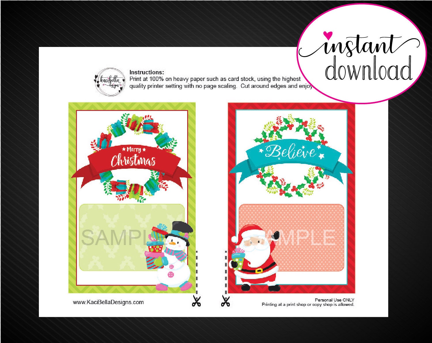 Printable CHRISTMAS Gift Card Holder. Santa and Snowman Wreaths. Merry ...