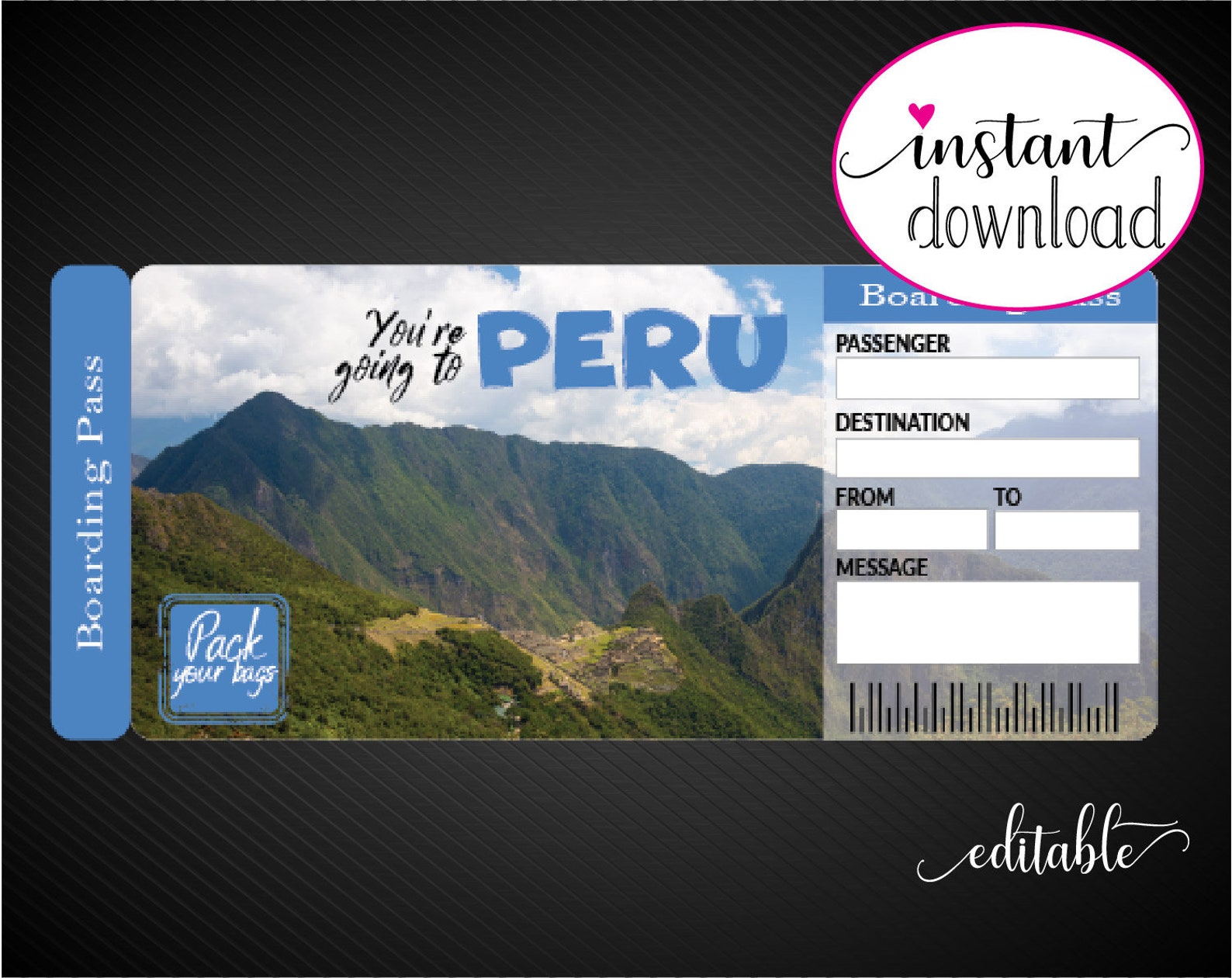 Printable PERU Surprise Trip Gift Ticket. Boarding Pass. - Etsy