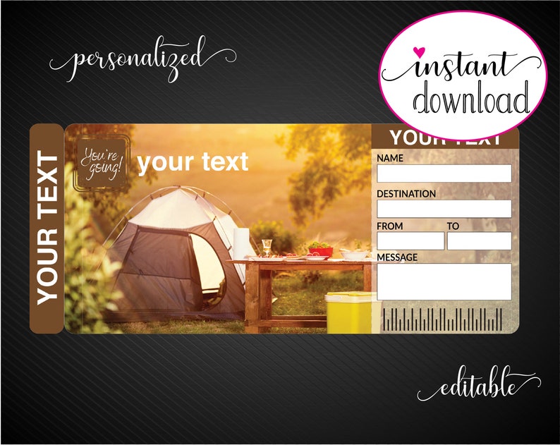 Printable CAMPING TRIP Surprise Gift Reveal Ticket. Admission Pass ...