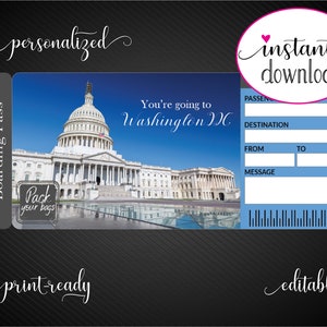 Printable WASHINGTON DC Surprise Trip Gift Ticket. Boarding Pass ...