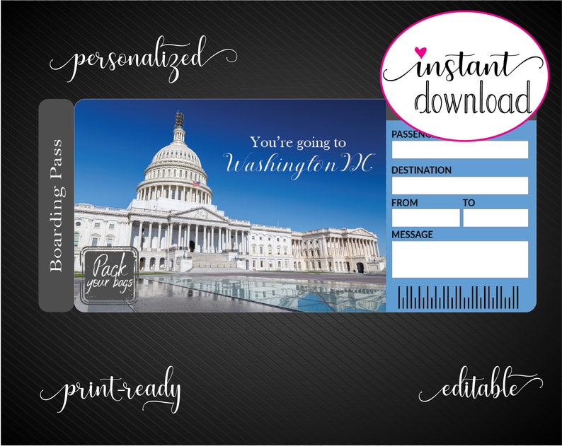 Printable WASHINGTON DC Surprise Trip Gift Ticket. Boarding - Etsy