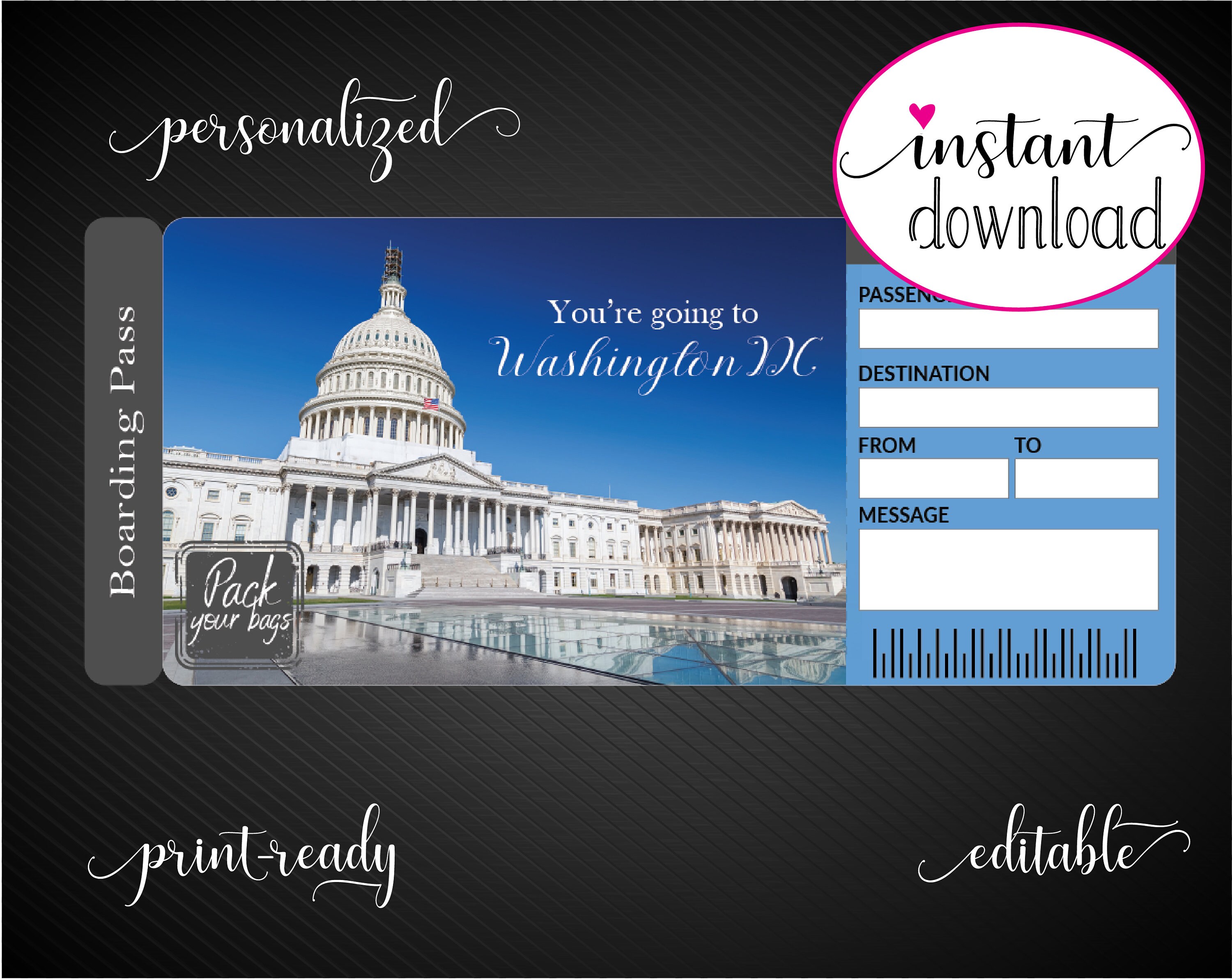 Printable WASHINGTON DC Surprise Trip Gift Ticket. Boarding - Etsy