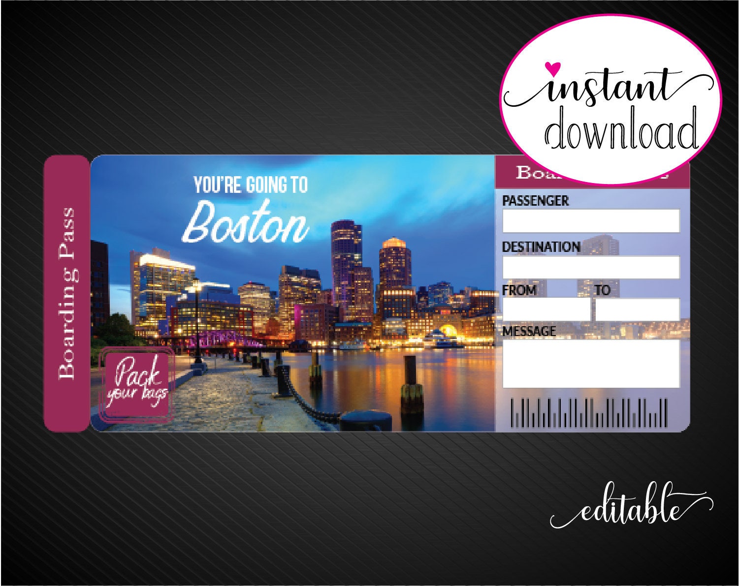 Printable BOSTON Surprise Trip Gift Ticket. Boarding Pass. Trip Ticket ...