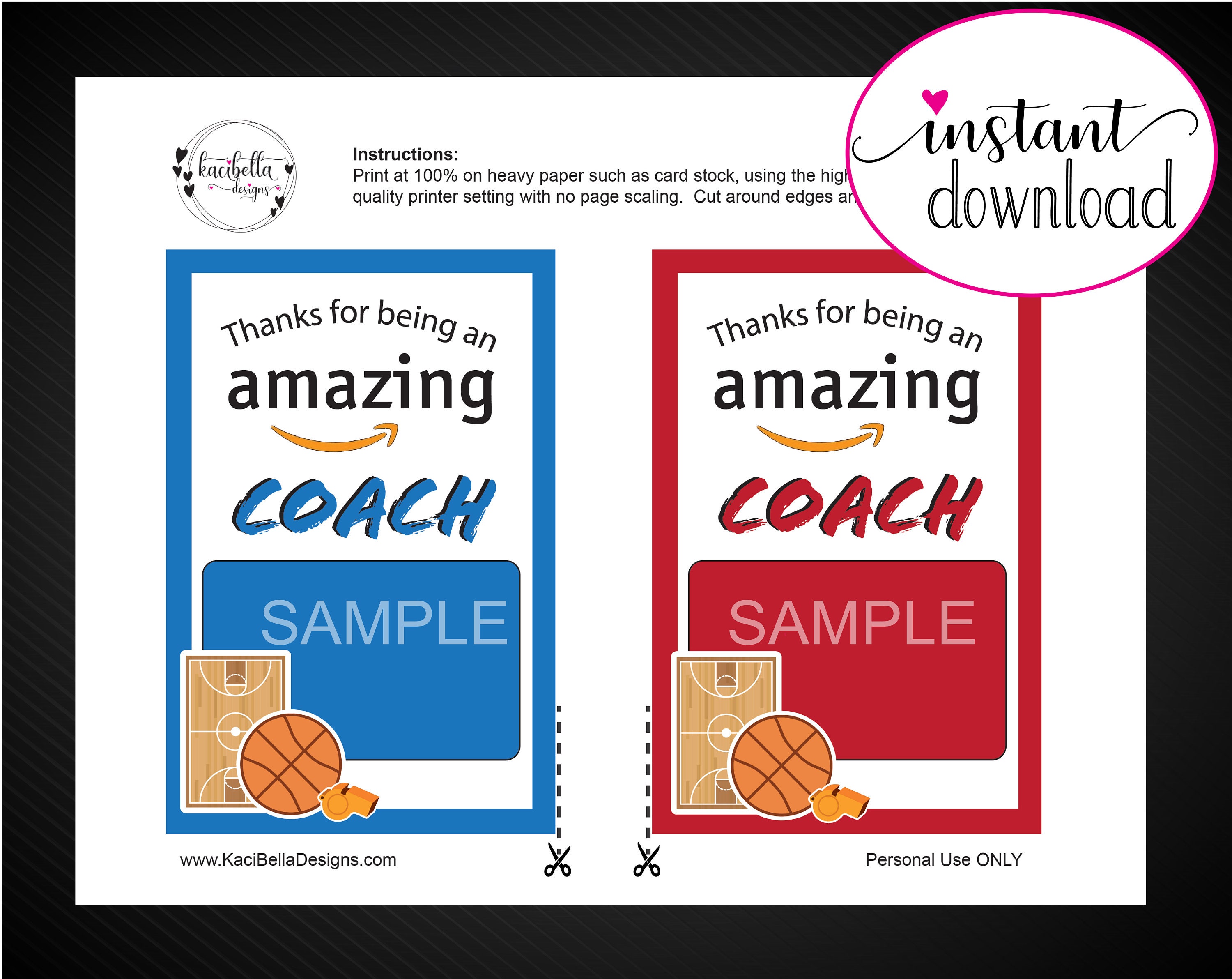 Printable BASKETBALL COACH Appreciation Amazon Gift Card Holder. 6 ...