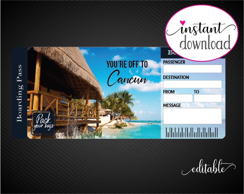 Printable CANCUN Surprise Trip Gift Ticket. Boarding Pass. Trip Ticket ...