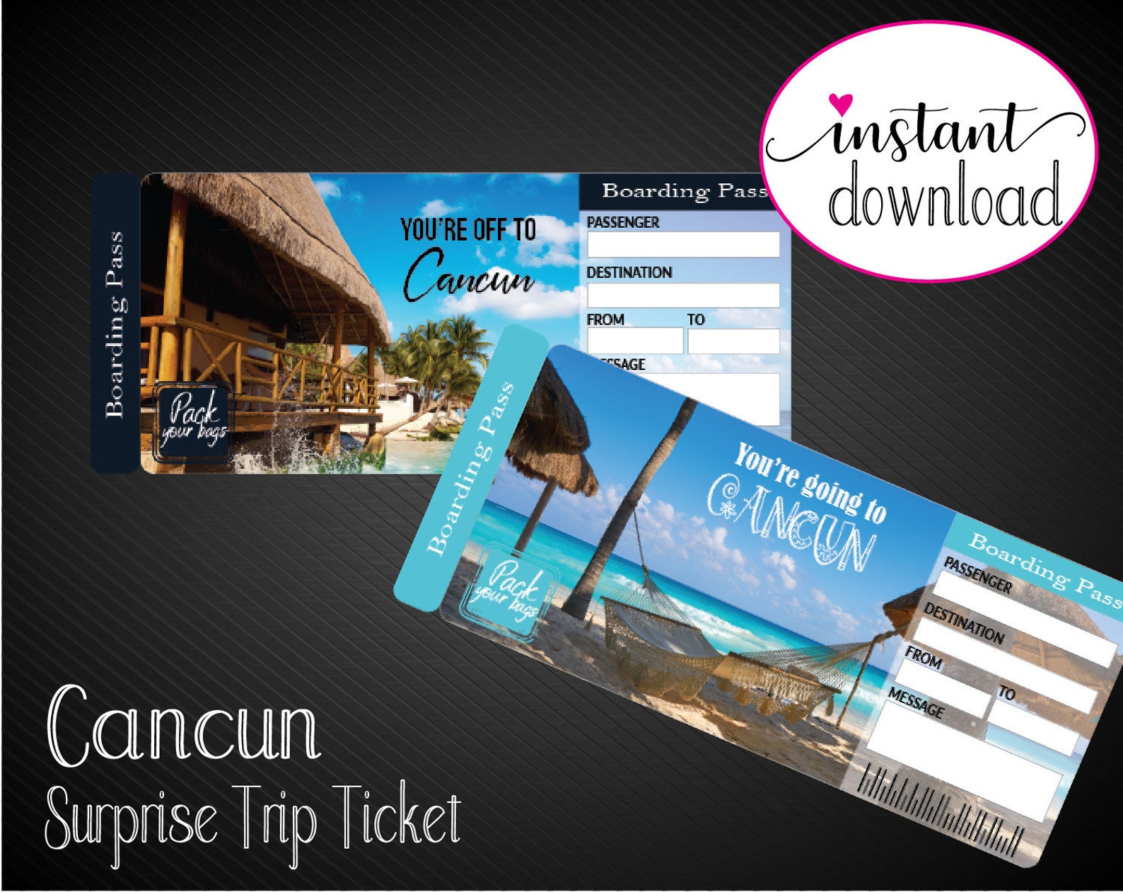 Printable CANCUN Surprise Trip Gift Ticket. Boarding Pass. Trip Ticket ...