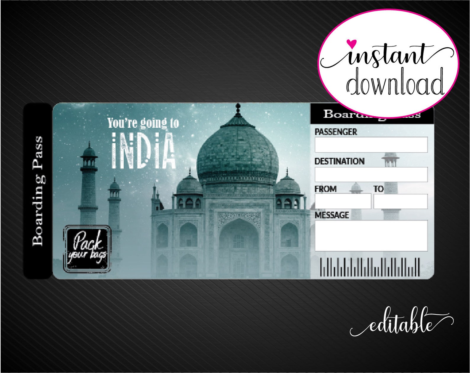 Printable INDIA Surprise Trip Gift Ticket. Boarding Pass. Trip Ticket ...