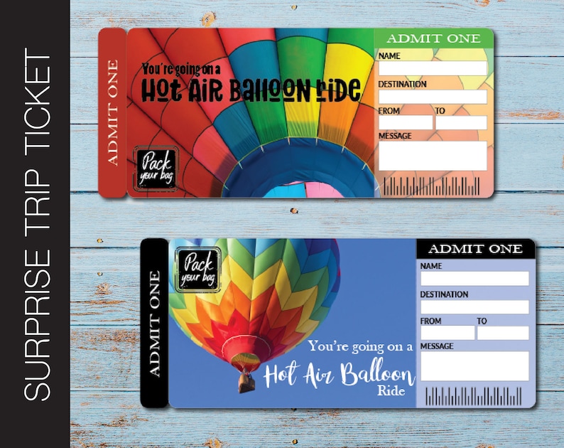 Printable HOT AIR BALLOON Surprise Trip Tickets. Vacation Ticket ...