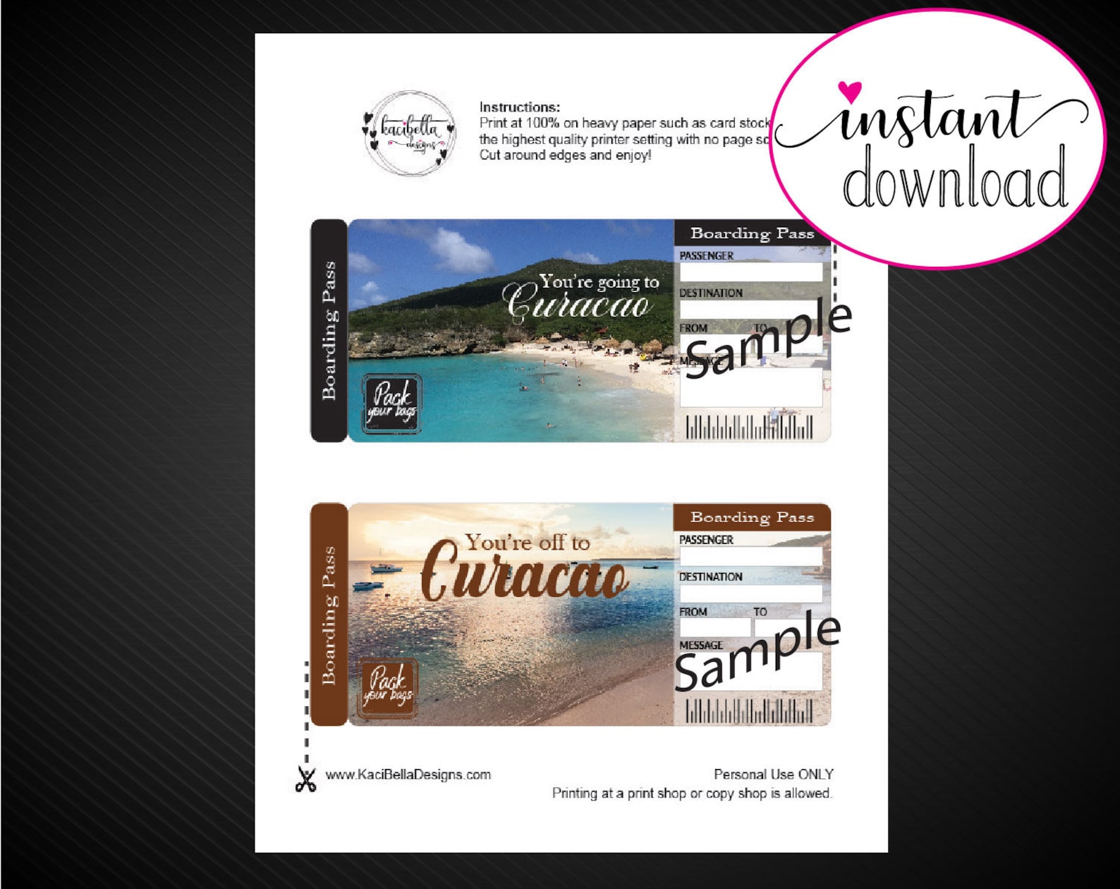 Printable CURACAO Surprise Trip Gift Ticket. Boarding Pass. Printable ...