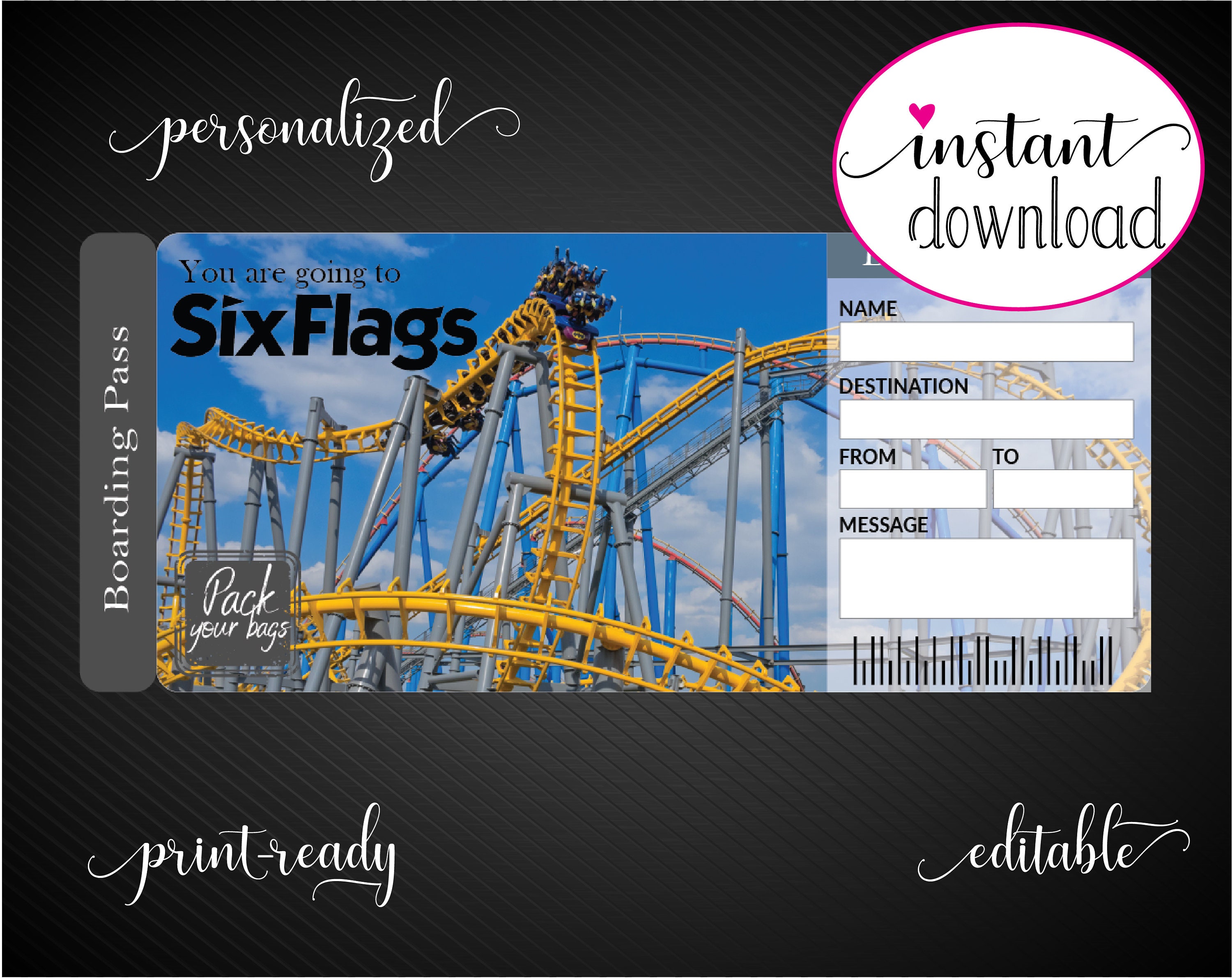 Printable SIX FLAGS Surprise Gift Ticket. Boarding Pass. Trip Ticket ...