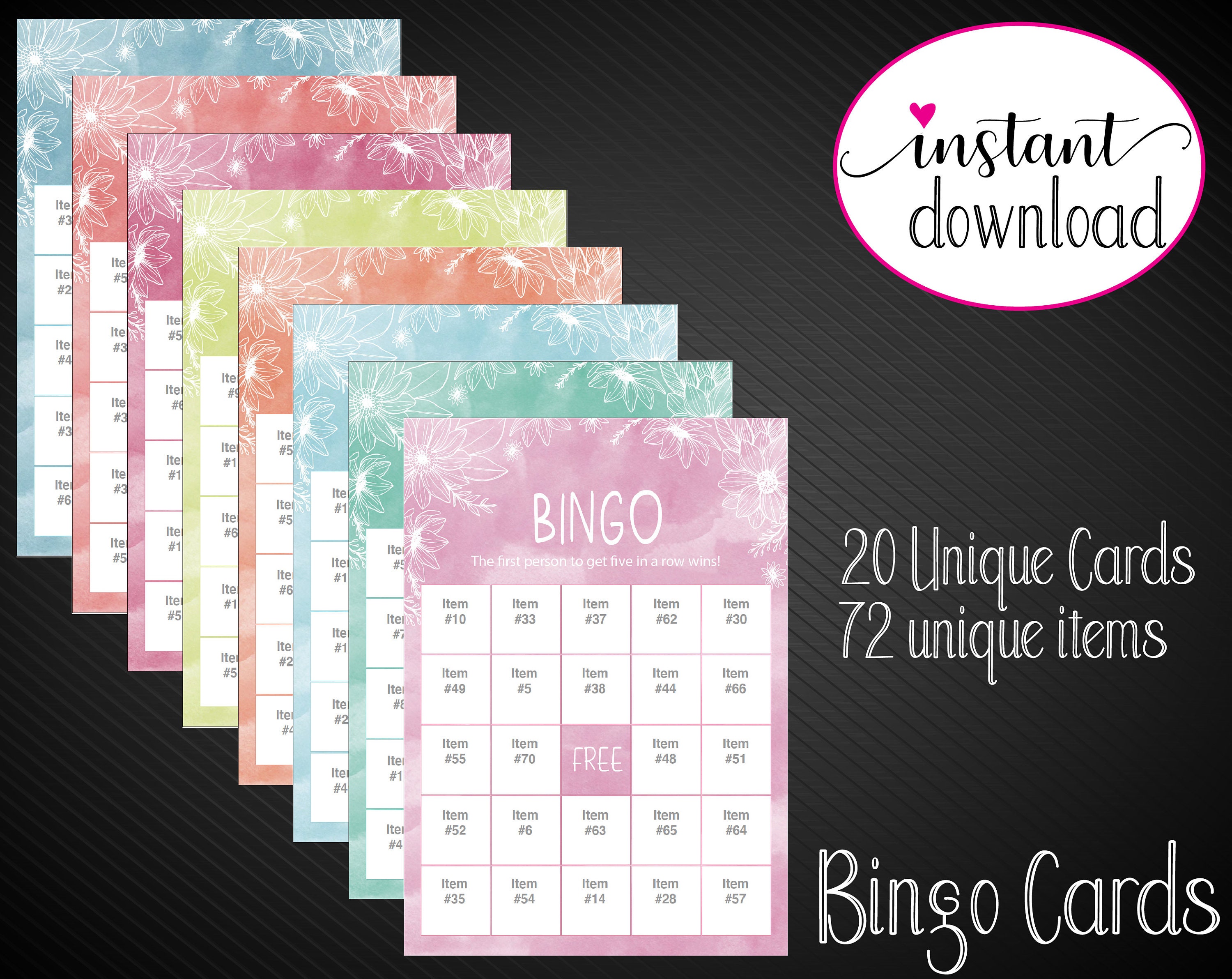 Printable WATERCOLOR Bingo Game. 8 Colors. Add Your 72 Unique - Etsy