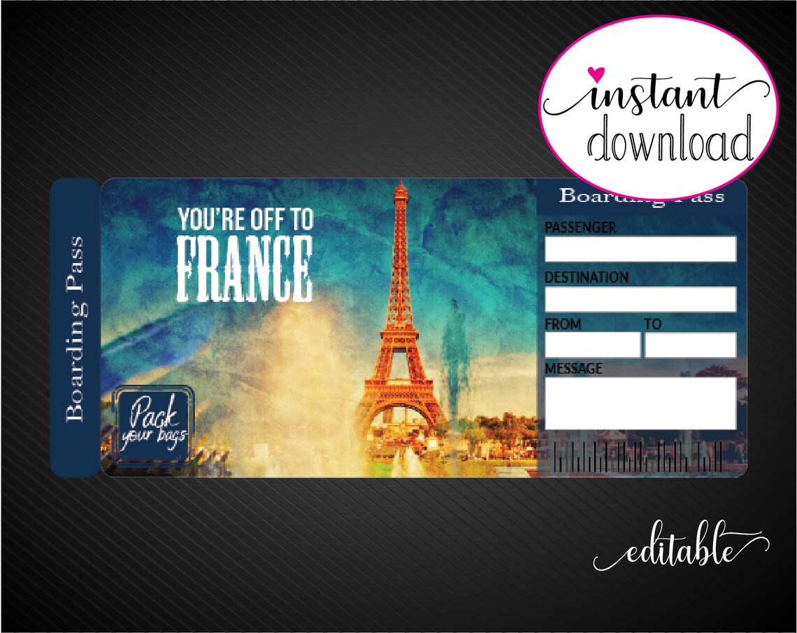 Printable FRANCE Surprise Trip Gift Ticket. Boarding Pass. Ticket. Trip ...