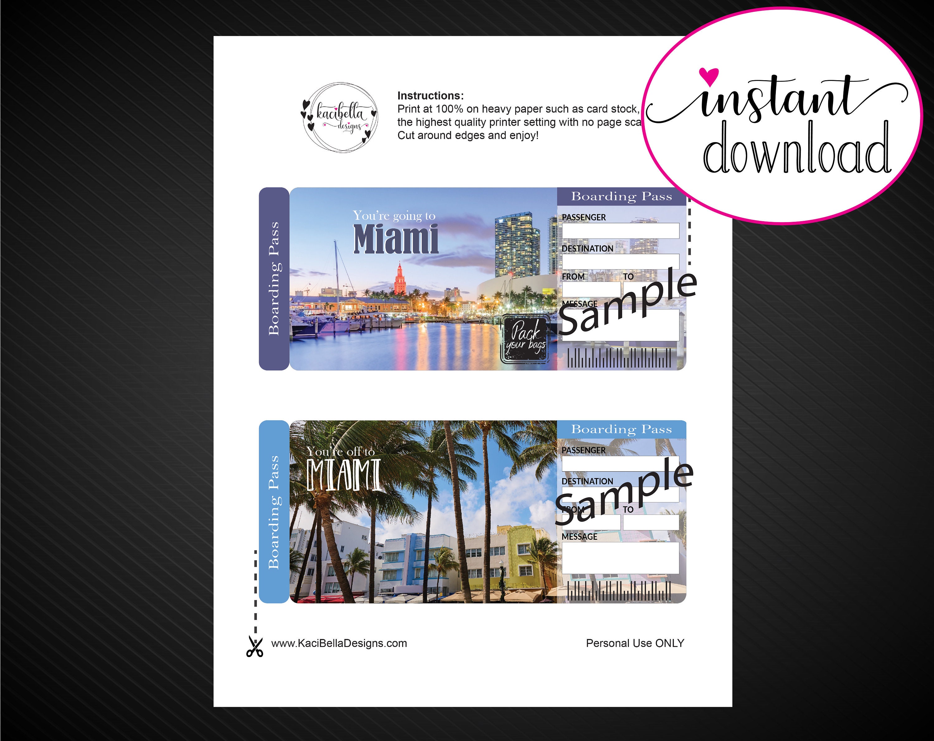 Printable MIAMI Surprise Trip Gift Ticket. Boarding Pass. - Etsy