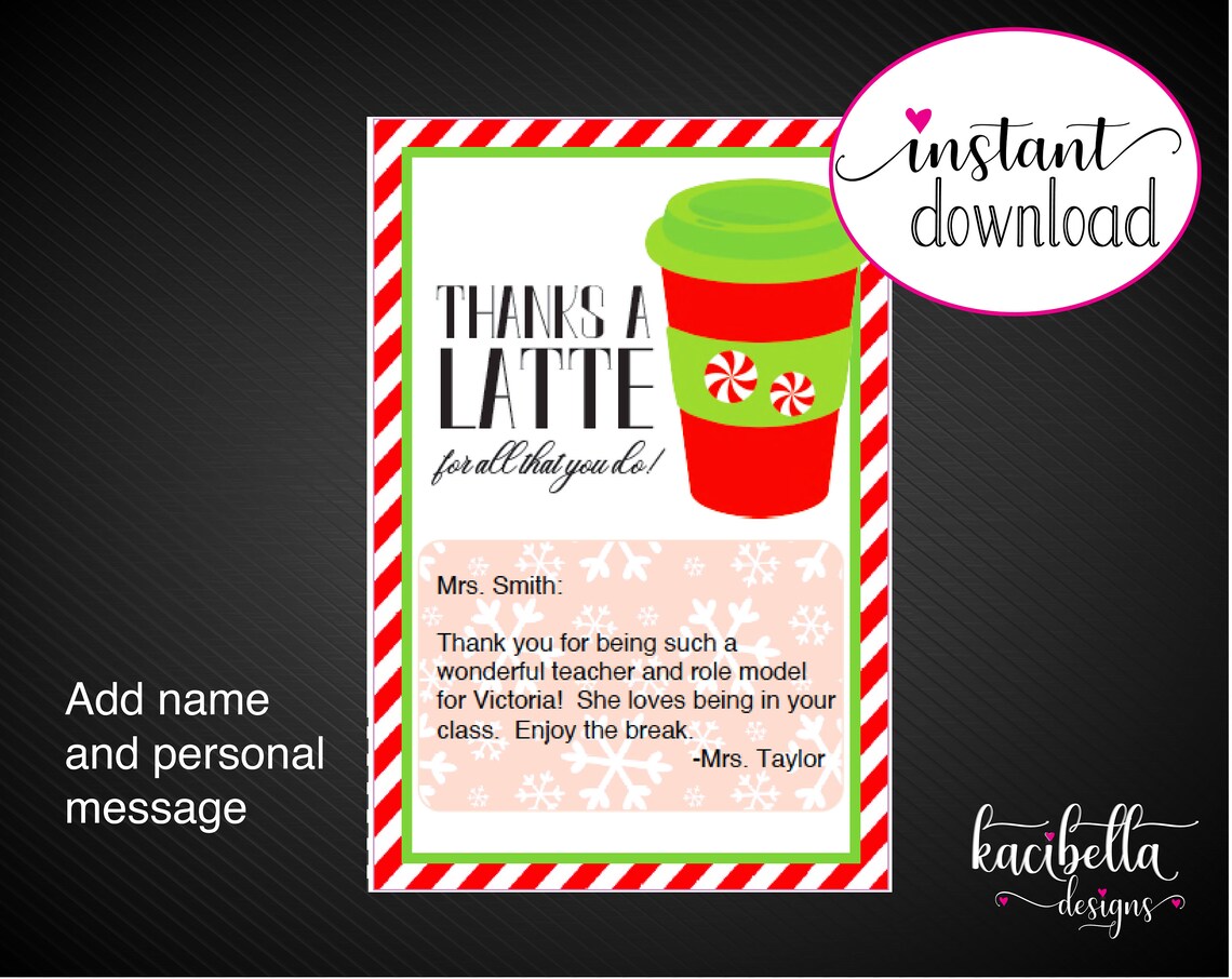 Printable CHRISTMAS Coffee Gift Card Holder. Thanks a Latte | Etsy