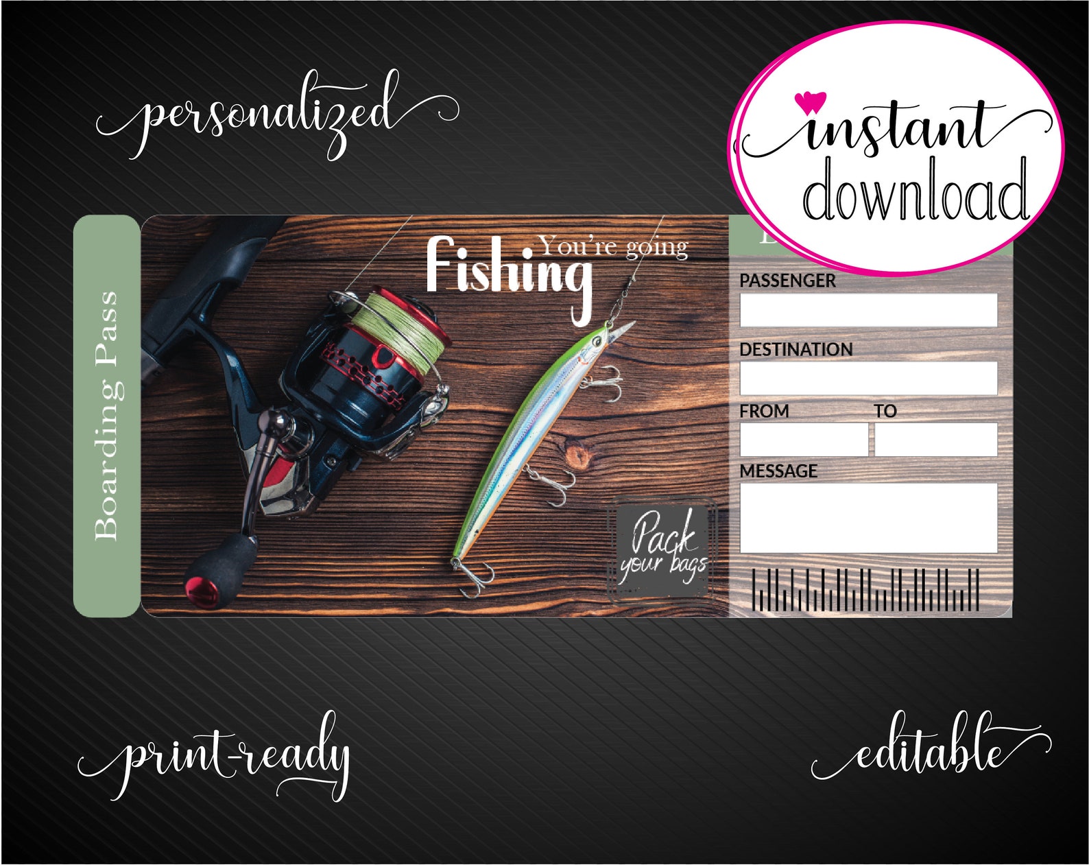 Printable FISHING Surprise Trip Gift Ticket. Boarding Pass. Trip Ticket ...