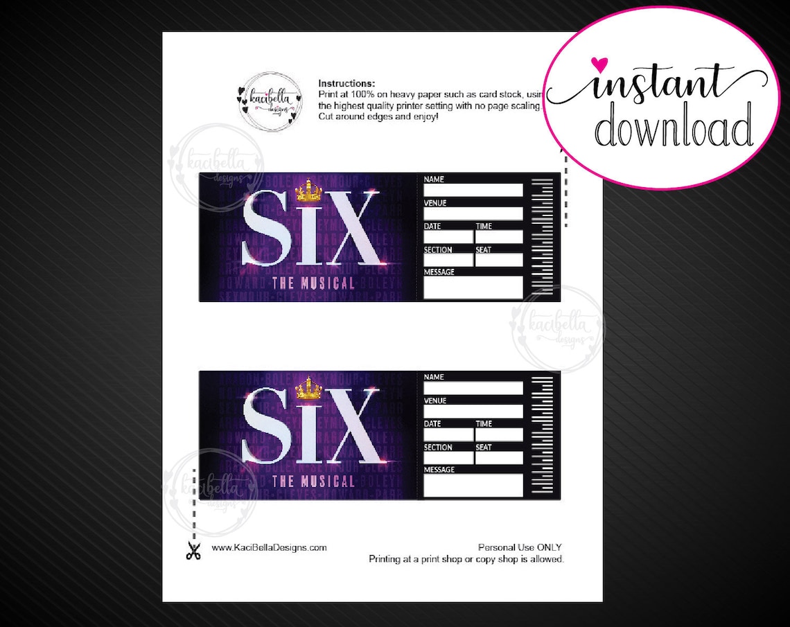 Printable SIX Broadway Surprise Ticket. Editable Musical Theatre Faux ...