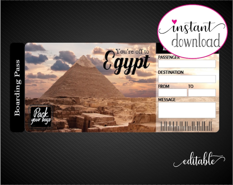 Printable EGYPT Surprise Trip Gift Ticket. Boarding Pass. Trip Ticket ...