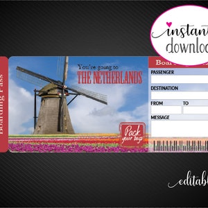 Printable NETHERLANDS Surprise Trip Gift Ticket. Boarding Pass. Trip ...