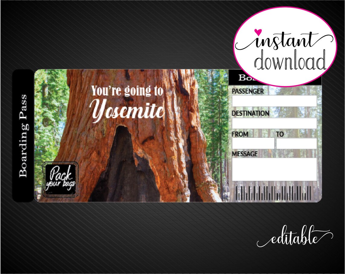 Printable YOSEMITE Surprise Trip Gift Ticket. Boarding Pass. | Etsy