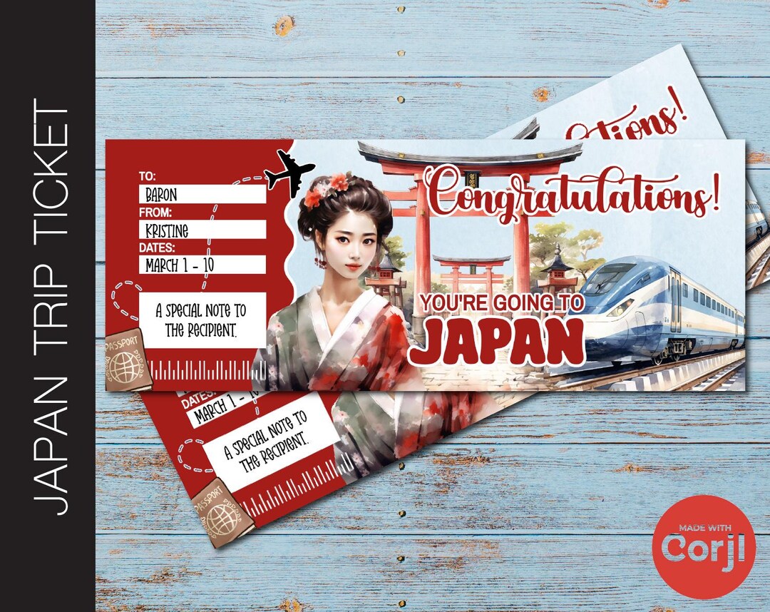 JAPAN Congratulations Surprise Trip Gift Ticket. All Text Editable ...