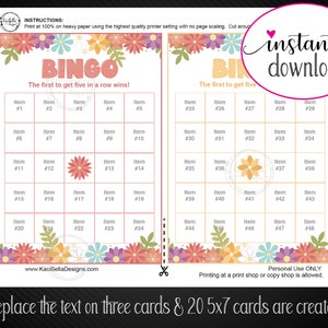 Editable FLOWERS Themed Bingo Game. 4 Colors. Add Your 72 Unique Items ...