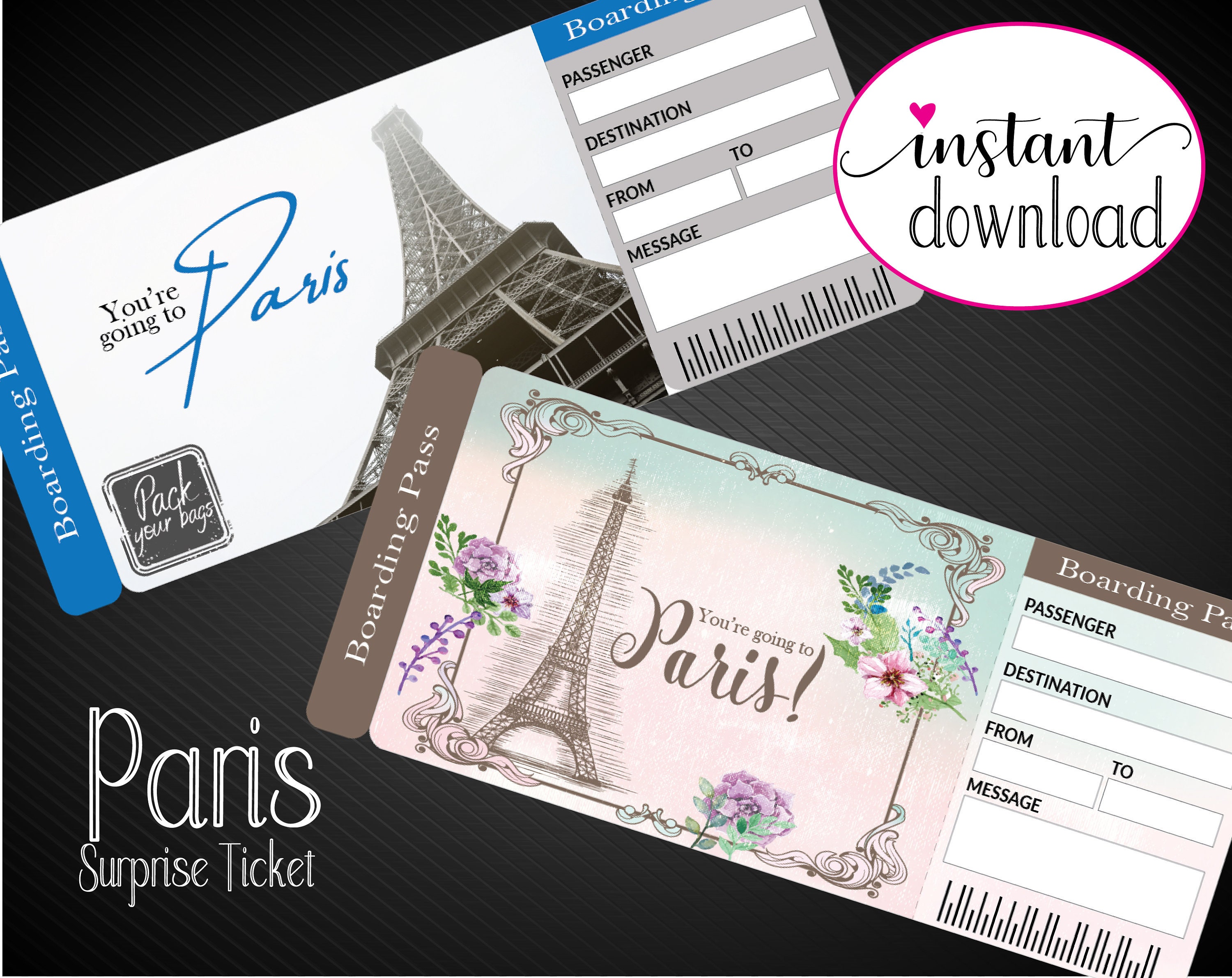 Printable PARIS Surprise Trip Gift Ticket. Boarding Pass. Printable ...
