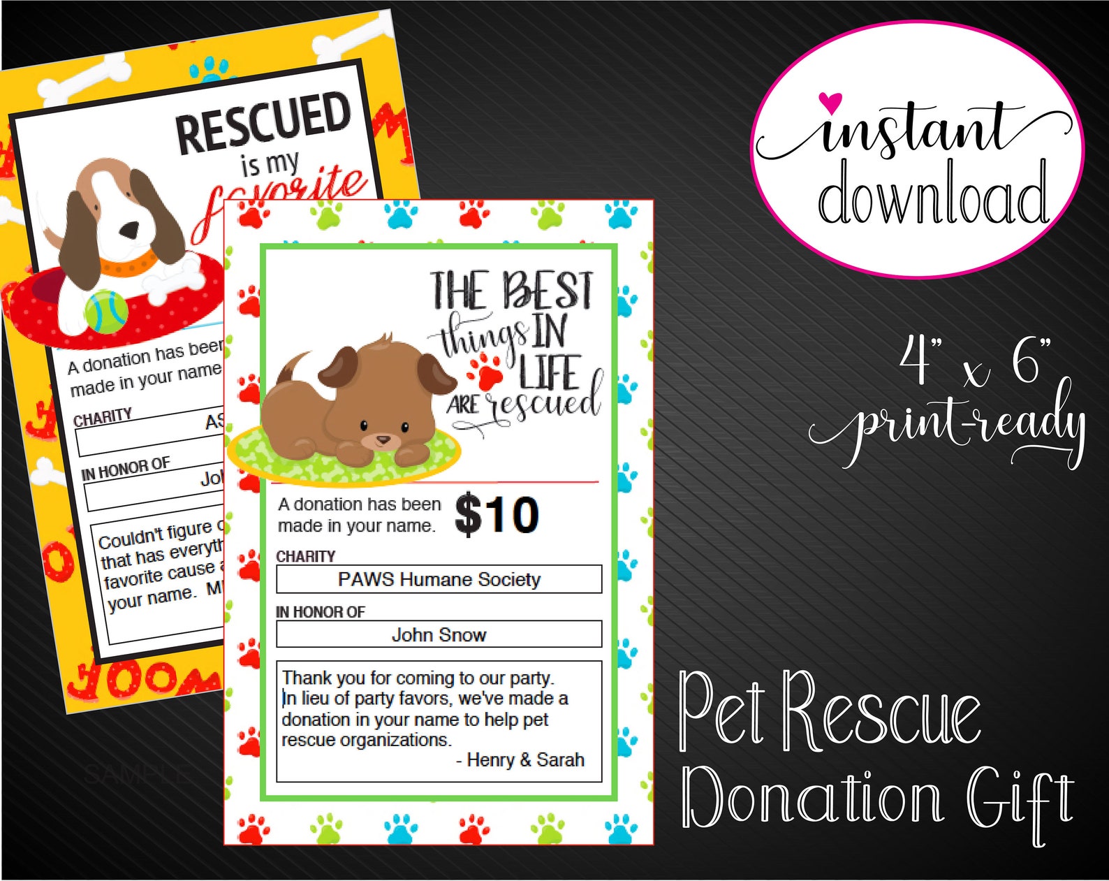 Printable PET RESCUE Charity Donation Gift Card. Printable | Etsy