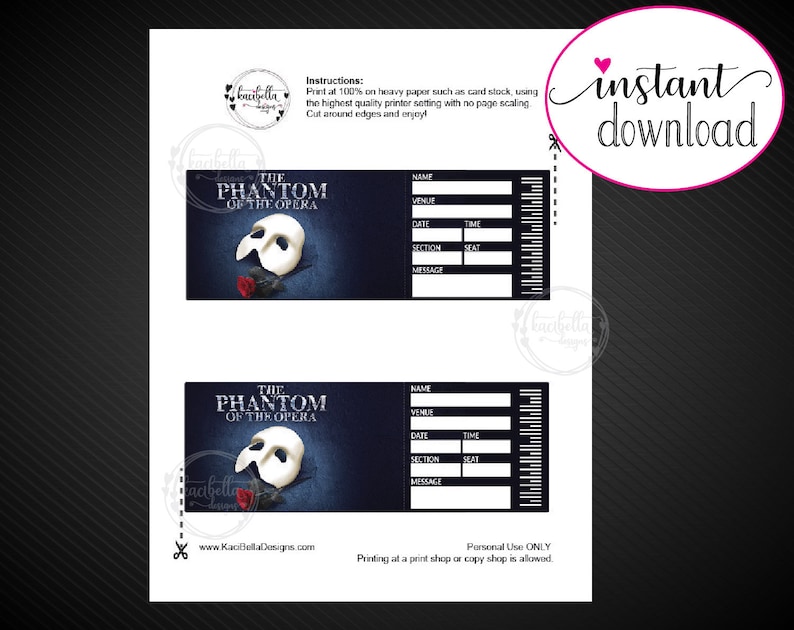Printable PHANTOM of the OPERA Broadway Surprise Ticket. Editable ...