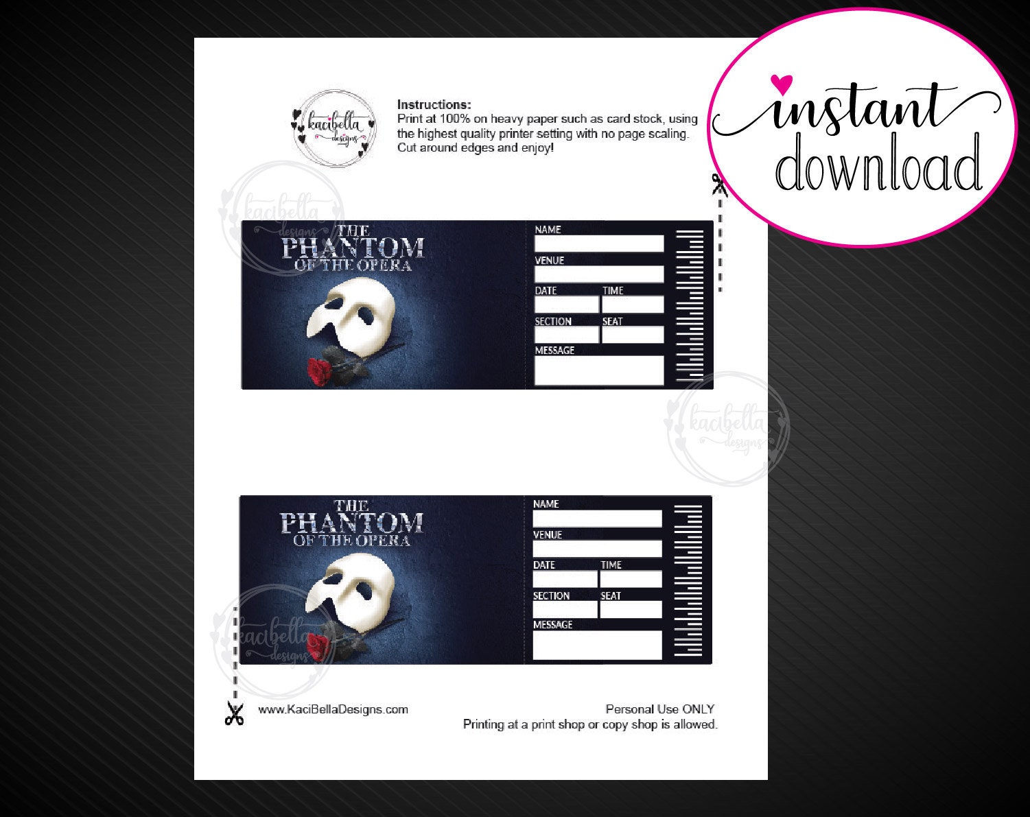 Printable PHANTOM of the OPERA Broadway Surprise Ticket. Editable ...