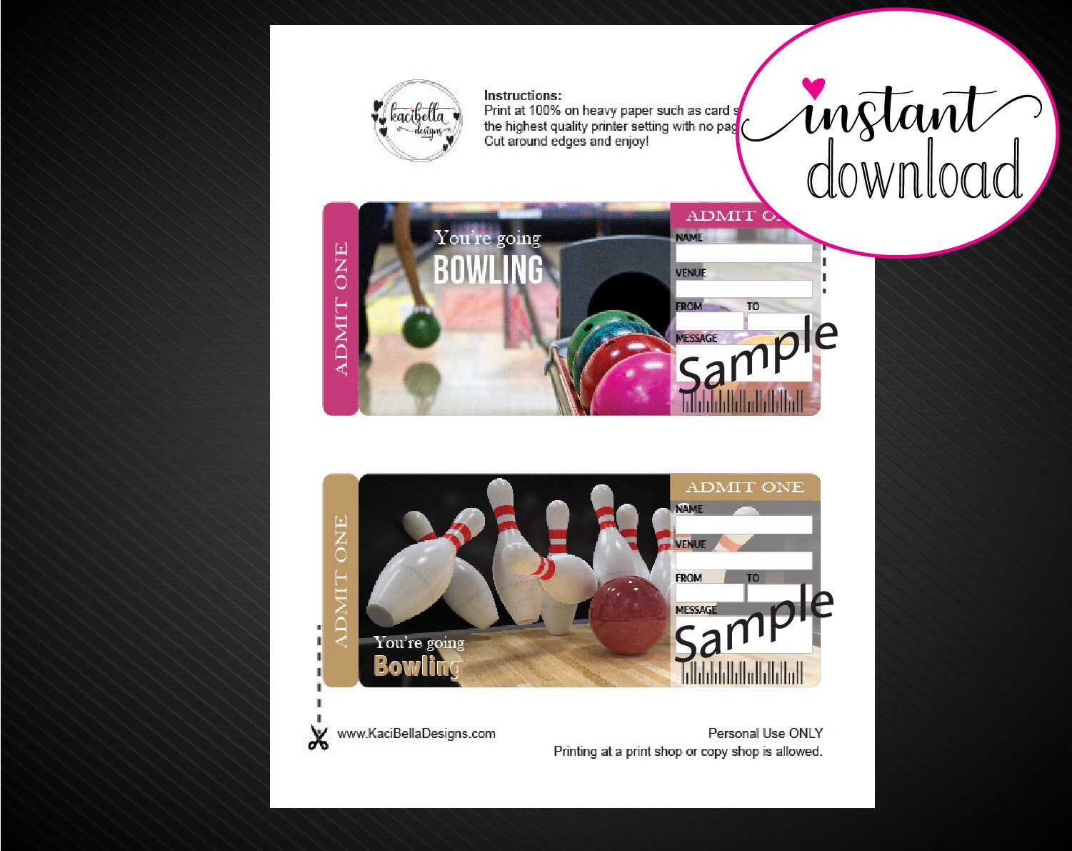Printable BOWLING Surprise Event Tickets. Vacation Ticket. Admission ...